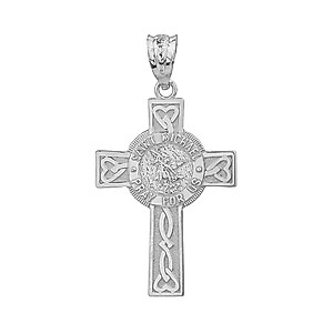 Solid 10k White Gold Saint Michael Pray For Us Celtic Cross Pendant