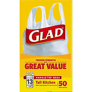 Glad® Tall Kitchen Handle-Tie® Trash Bags - 13 Gallon White Trash Bag - 50 Count (Package May Vary)