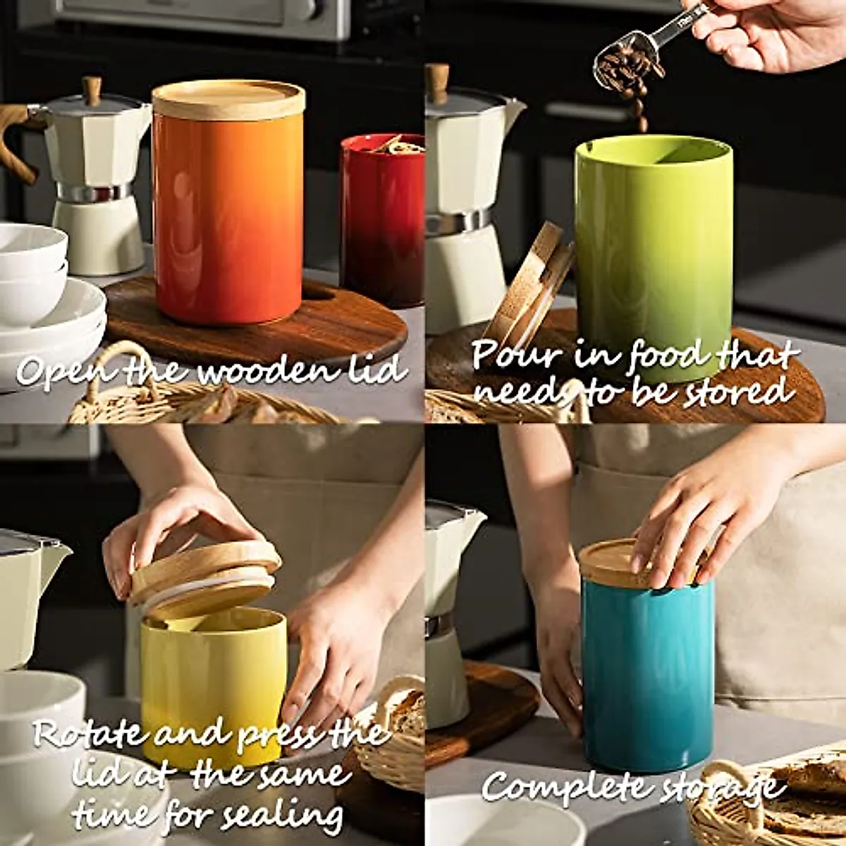 Sweejar Kitchen Canisters Ceramic Food Storage Jar Set, Stackable Containers with Airtight Seal Wooden Lid for Serving Ground Coffee, Tea, Herbs, Grains, Sugar, Salt - Set of 4 (Gradient Gray)