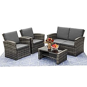 LayinSun 4 Piece Outdoor Patio Furniture Sets, Wicker Conversation Sets, Rattan Sofa Chair with Cushion for Backyard Lawn Garden (Grey)