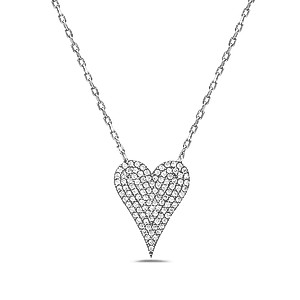 PORI JEWELERS 925 Sterling Silver Cubic Zirconia Pave Heart Charm Pendant Necklace - 18" Anchor Chain (Silver)