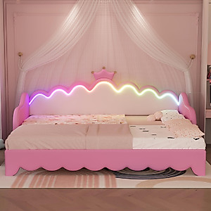 Merax Twin Size Upholstered Princess Bed Frame with Crown Headboard and Light Strips, Space-Saving Extending Daybed Pull Out Sofa Bed for Girls Teens Kids Bedroom, No Box Spring Needed, Pink