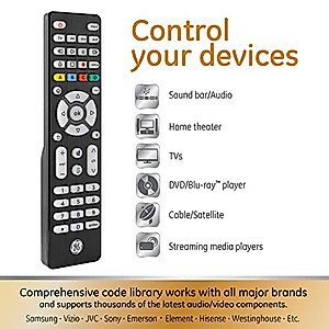 GE Backlit Universal Remote Control for Samsung, Vizio, LG, Sony, Sharp, Roku, Apple TV, RCA, Panasonic, Smart TV, Streaming Players, Blu-Ray, DVD, Simple Setup, 4-Device, Black, 48843 Brushed Black