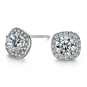 SBLING Platinum Plated Cubic Zirconia Cushion Shape Halo Stud Earrings (1.90 cttw)