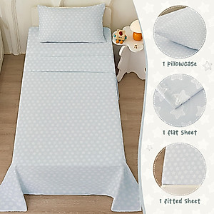 Bedmoon Boys Girls Twin Sheets, Kids Silver Star Bed Sheet Set with Non-Slip Fitted Sheet, Boys Girls Star Soft Microfiber Twin Sheets & Pillowcases