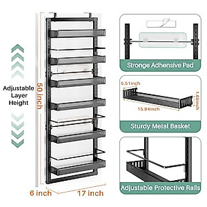 Spice Rack Over the Door Pantry Organizer - 6 Tier Metal Adjustable Hanging Spice Organization for Pantry, Space Saving Pantry Door Storage for Kitchen, Black