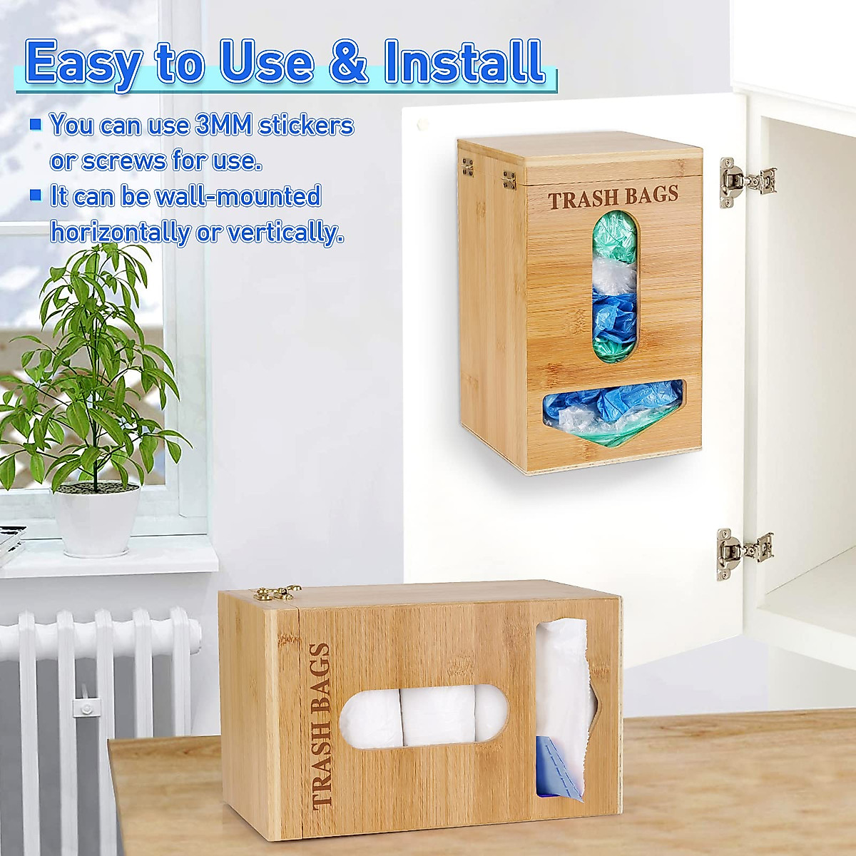 Jolensoy Trash Bag Holder Grocery Bag Holder Bamboo Garbage Bag Holder Wall Mounted Double Easy-Access Opening for Home Kitchen Cabinet Organization (Bamboo color)
