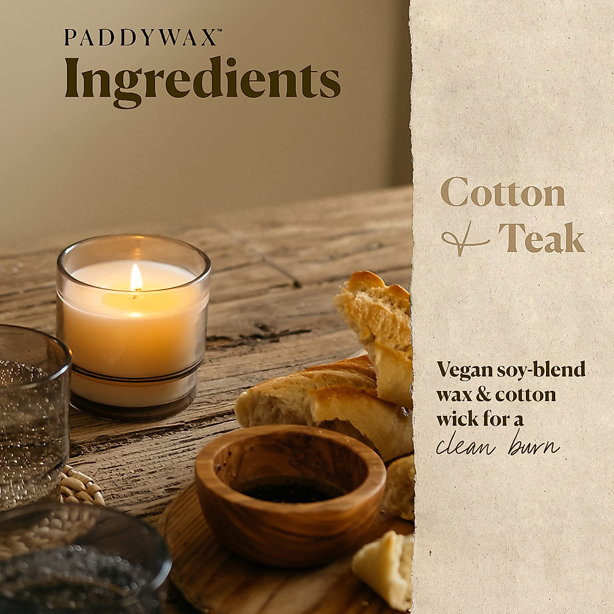 Paddywax Candles Al Fresco Collection, Naturally Scented Candle, 7 Ounces, Cotton + Teak, Beige