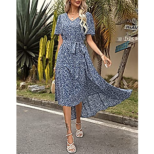 Maggeer 2023 Womens Casual Summer Dresses Short Sleeve Cute V Neck Ruffle Boho A Line High Low Flowy Swing Beach Modest Floral Maxi Dress with Pockets Dusty Blue XL