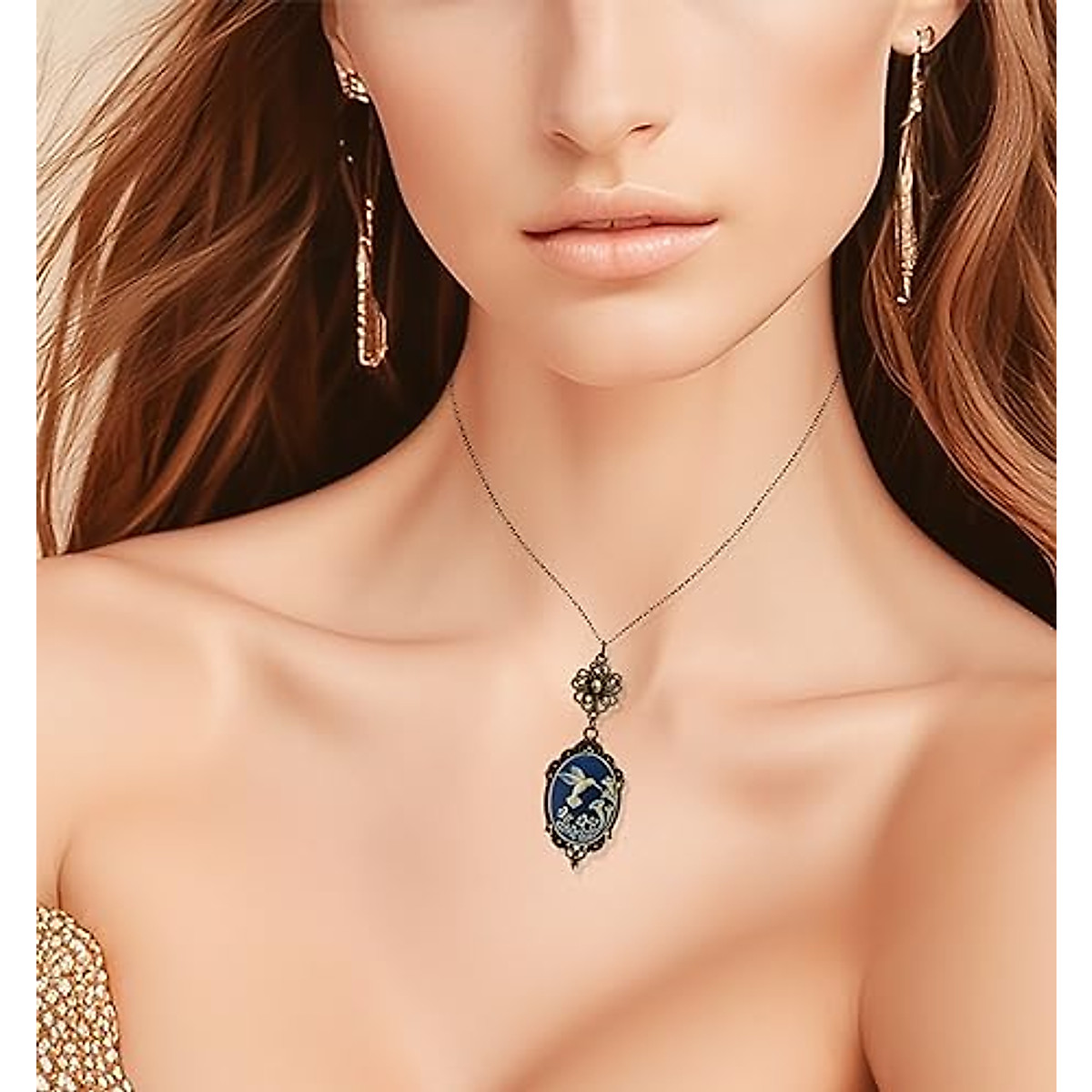 Yspace Lucky Clover Cameo Necklace Best Friend Heart Charms Jewelry 2 Chain Deluxe Gift (Morning glory hummingbird)