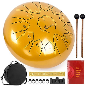 Steel Tongue Drum, lotmusic 13 Notes 12 Inches Percussion Instrument ，Tank Drum - Handpan Drum Kit - Drum Mallets Padded Travel Carry Bag Music Book and Finger Picks for Beginner Adult Kids，C Major
