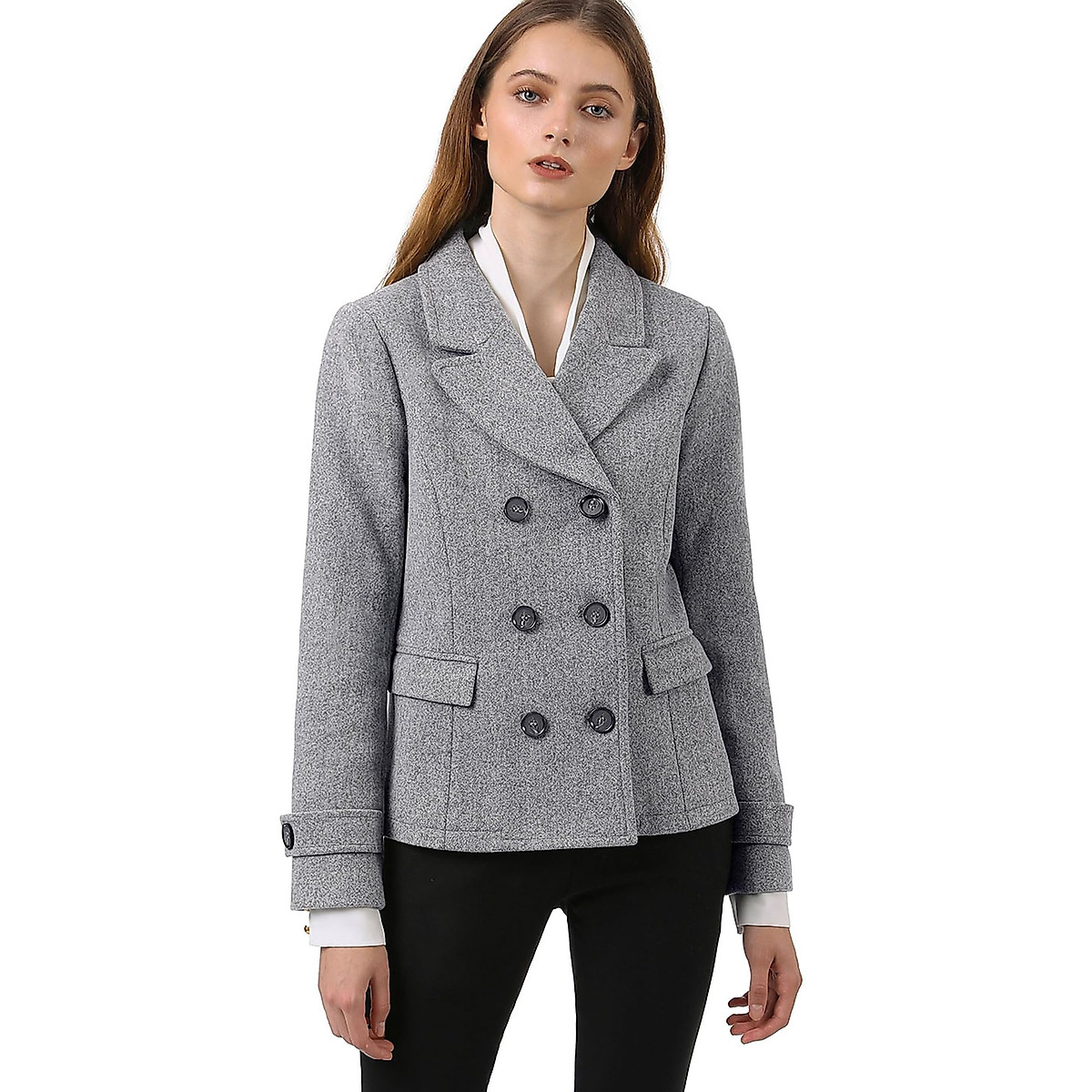 Allegra K Women's Notched Lapel Double Breasted Pea Coat Medium Grey