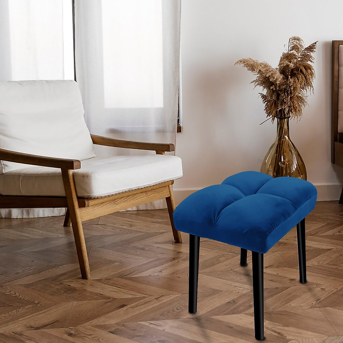 HOUCHICS Soft Vanity Stool Blue Ottoman Stool, Square Makeup Stool with Wooden Legs, Small Ottoman Stool Chair for Vanity, Modern Padded Sofa Seat Foot Rest Stool(Blue)