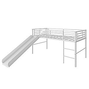 Giantex Twin Loft Bed with Slide, Metal Low Bunk Bed w/Safety Guardrails & Built-in Ladder, Toddler Bed Floor Frame for Boys & Girls, No Box Spring Needed (White)
