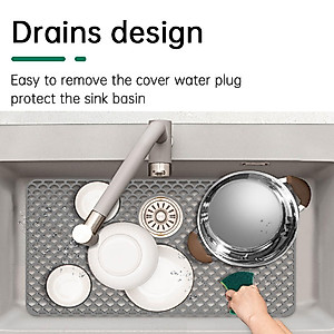 VOLTGY - Silicone Sink Protector with Top Drain Hole, 28" x 15", includes Silicone Cleaning Brush/Silicone Sink Mat