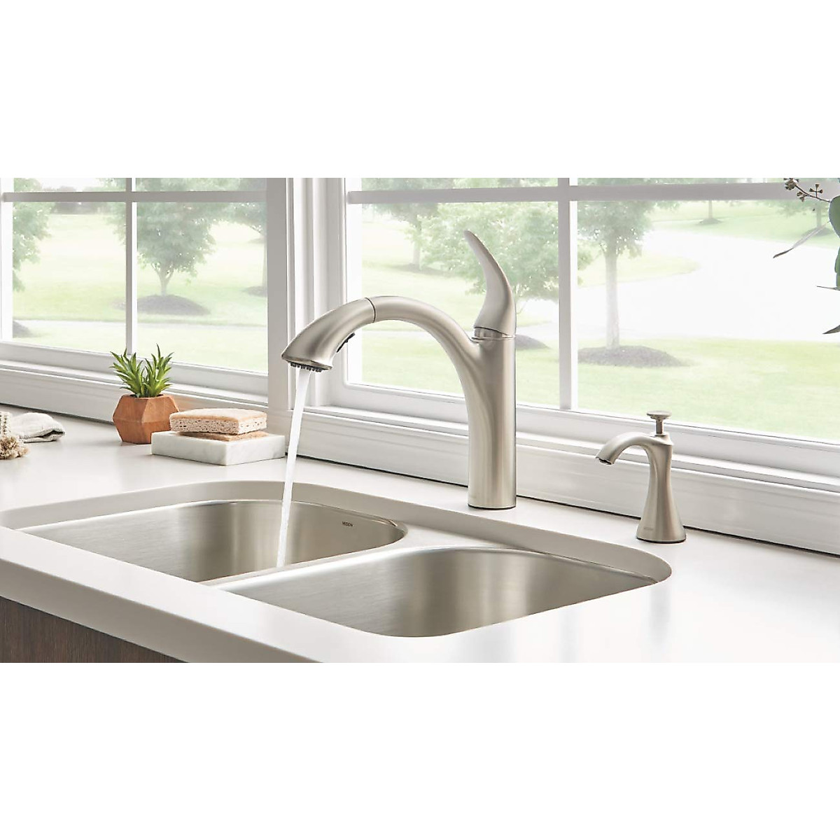 Moen S3946SRS Transitional Deck Mounted Kitchen Soap Dispenser with Above the Sink Refillable Bottle, Spot Resist Stainless