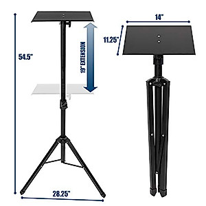 Mount-It! Tripod Projector Stand, Adjustable DJ Laptop Stand with Height and Tilt Adjustment, Portable Laptop Projector Table with Steel Tripod Base and Tray, Black