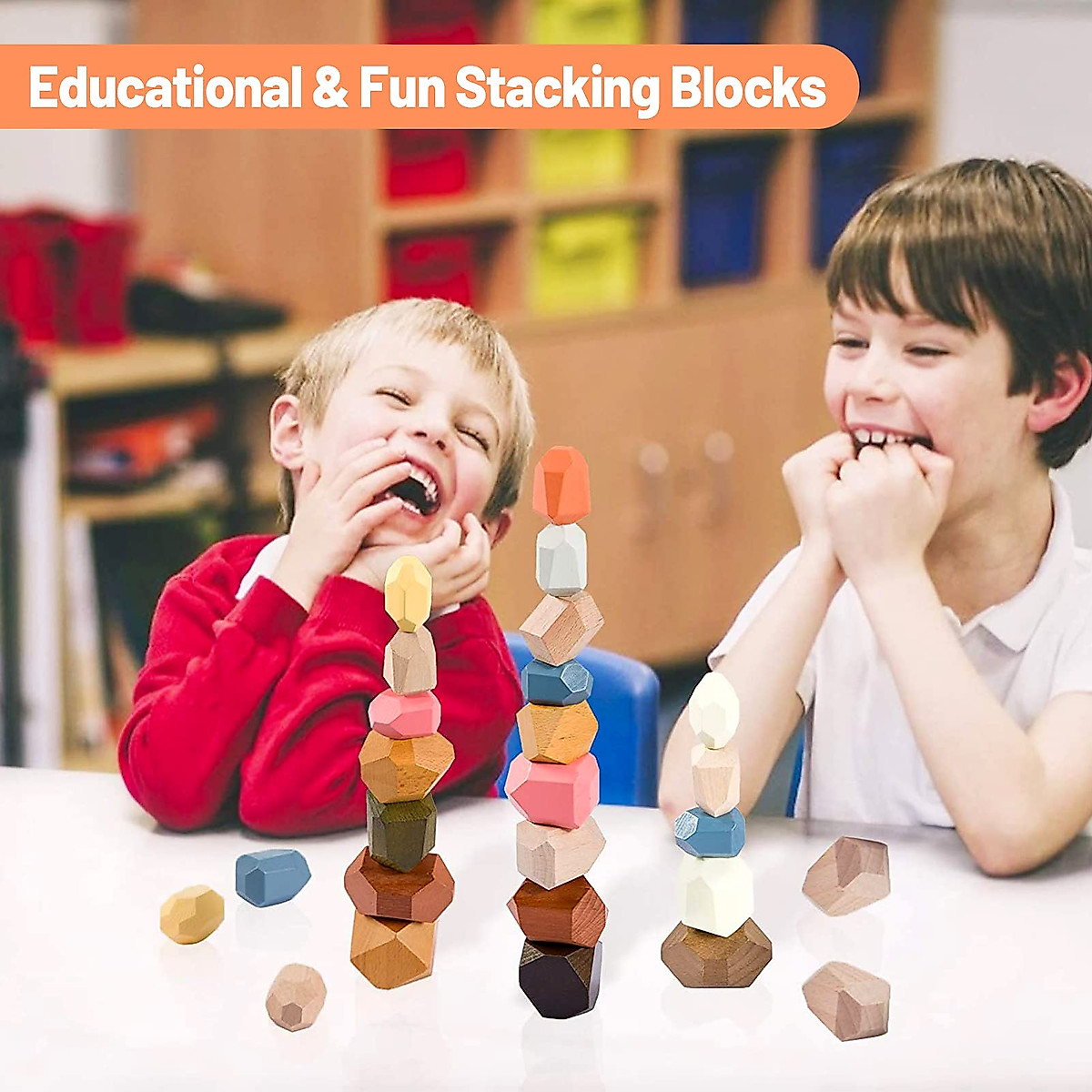 48 Pcs Wooden Stacking Stones- Building Sorting Rocks Balancing Wooden Blocks Preschool Educational Learning Toy for Kids Toddlers 3 4 5 6 Years Old