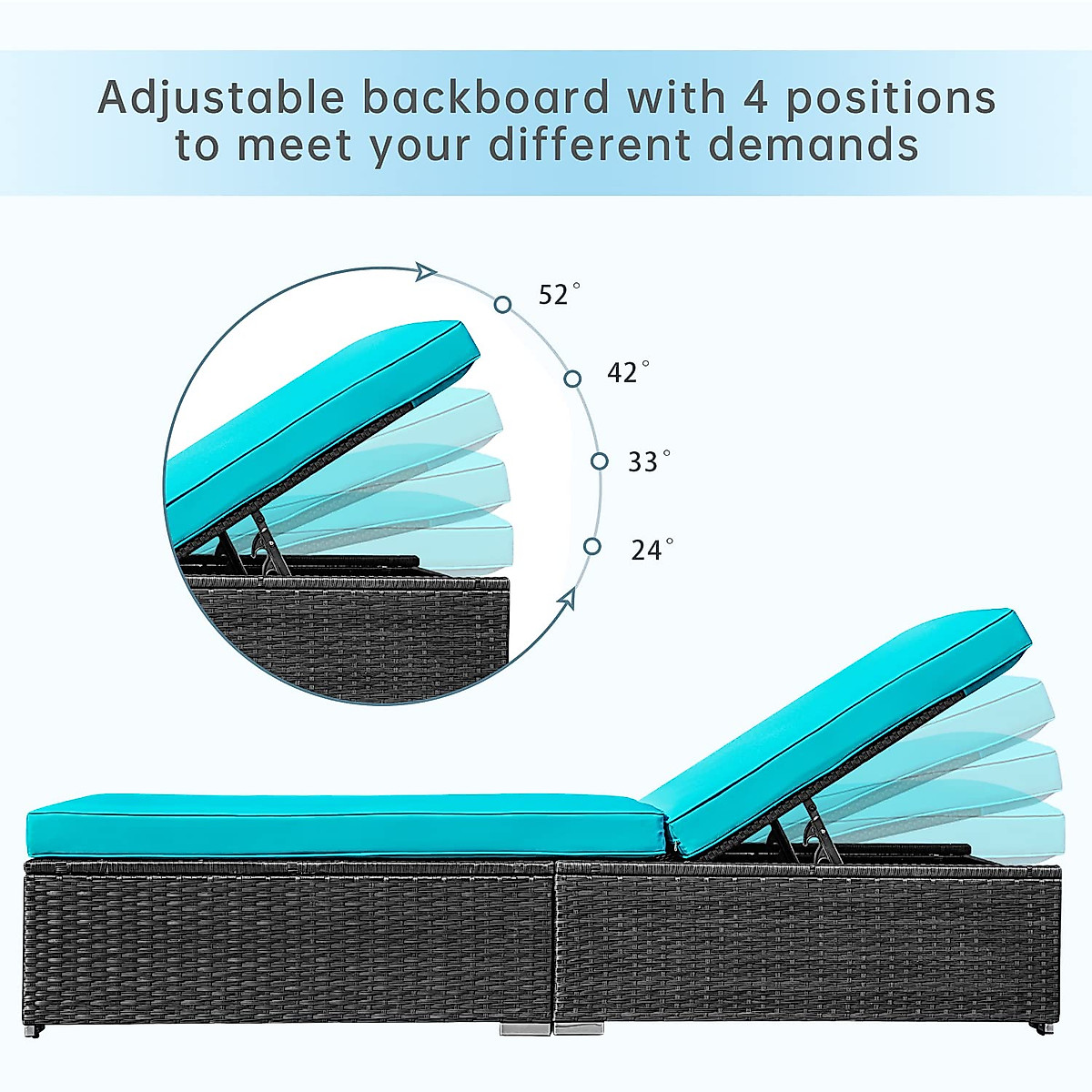 Outdoor PE Wicker Chaise Lounge, Patio Lounge Chair Adjustable Reclining Chair for Pool with Removable Cushion, Black and Blue