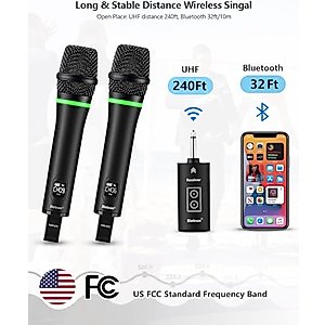 Bietrun Rechargeable Wireless Microphone, Dual Metal Cordless Handheld Dynamic Wireless Mics with 1/4'' Output for Karaoke, Meeting, Singing, Church, Wedding(UHF 240ft Range)(Receiver with Bluetooth)