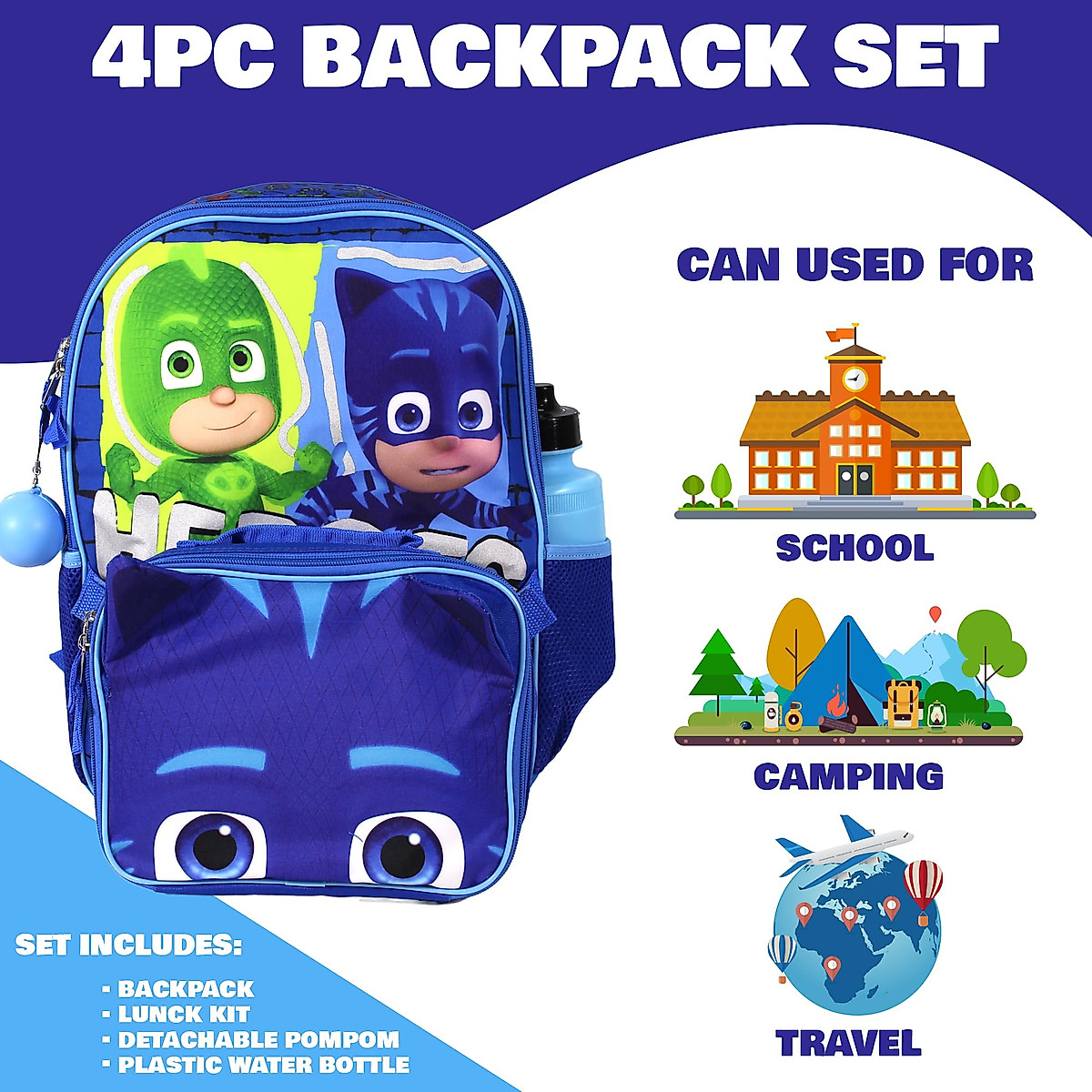 PJ Masks Girls & Boys Toddler 4 Piece Backpack Set for Kindergarten; Catboy, Gekko,& Owlette Travel School Bag w/Front Zip Pocket, Insulated Lunch Box, H2O Bottle, & Squish Ball Dangle