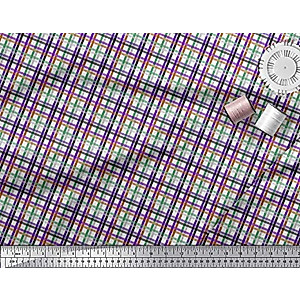 Soimoi Purple Cotton Canvas Fabric Window Pane Check Print Fabric by The Yard 56 Inch Wide