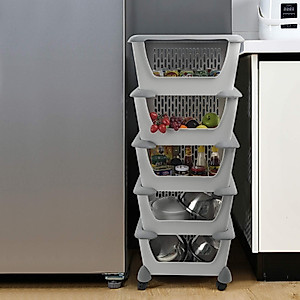 Jandson Grey Plastic Stacking Baskets, Large Stackable Storage Bins, 5 Packs