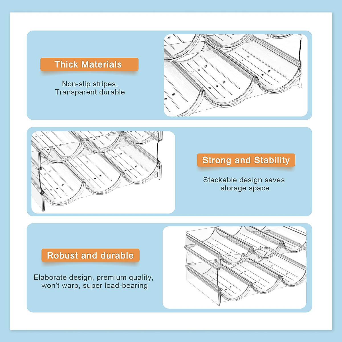 Plastic Water Bottle Organizer and Wine Rack Storage Holder,2 Tier 6 Containers Stackable Free-Standing Bottle Storage Rack for Kitchen Countertops, Table Top, Pantry, Bars, Cabinets, Fridge - Clear