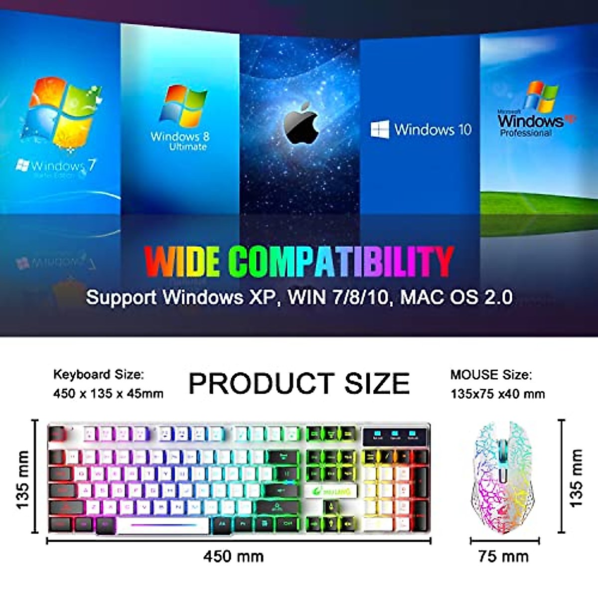 Wireless Gaming Keyboard and Mouse Combo Muti-Color Keycaps Rainbow Backlit Mechanical Feel Keyboard RGB Carck Luminescent Mice Mouse Pad for PC/Mac Gamer, Typist, Travel