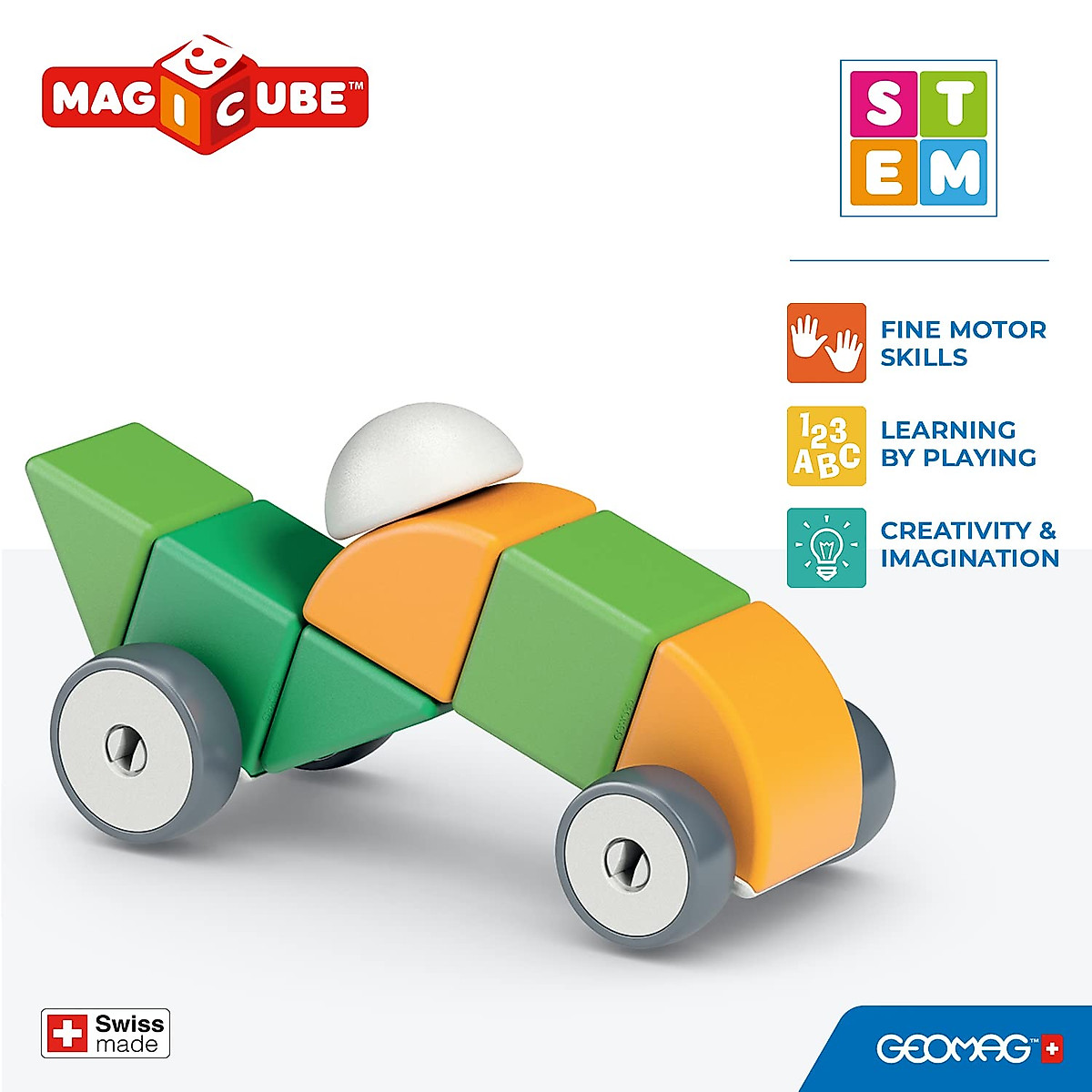 Geomag Swiss-Made MagiCube 13-Piece Magnetic Shapes & Wheels Building Set, Cars & Characters, Stacking Blocks for Toddlers & Kids Ages 1-5, STEM Educational Toy, Creativity, Imagination, Learning