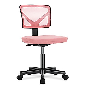 DUMOS Armless Desk Wheels Cute Home Office Chairs, Ergonomic Adjustable Swivel Rolling Task, Comfy Mesh Mid Back Computer Work Vanity Chair for Small Spaces, Pink