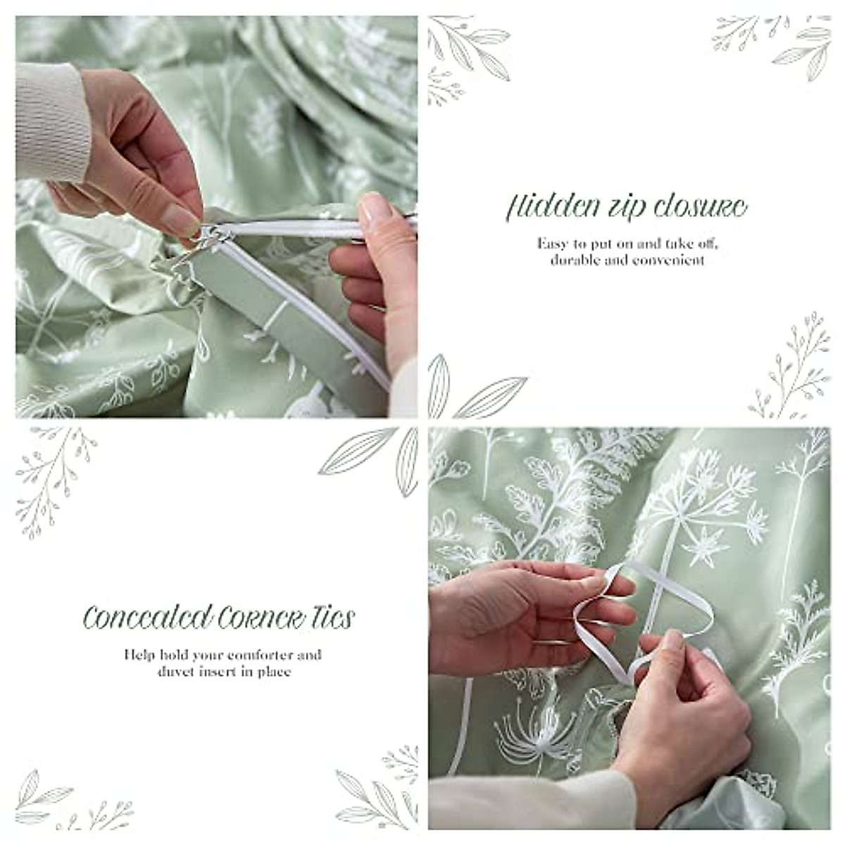 JANZAA 3 Pieces Duvet Cover, Queen, Sage Green, Floral Comforter Cover with Zipper Closure 4 Ties (2 Pillow Cases)