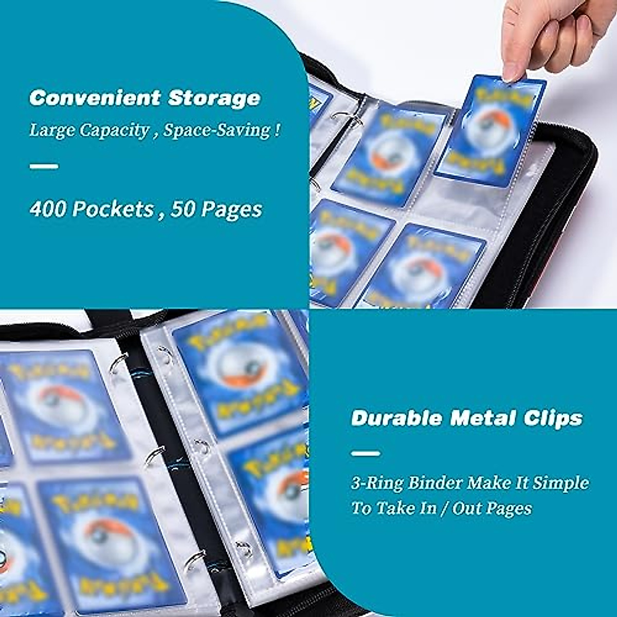 HONYAT Card Binder Clip Holder for Pokemon Cards Binder 4-Pocket , 400 Pockets Trading Card Case Games Collection Binder with Sleeves (pokeball-2)