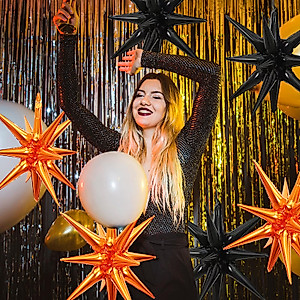 6 Pieces 27 Inches Black Orange Explosion Balloons, Large 14-Pointed One-Piece Cone Stars Fireworks Aluminum Foil Balloons for Halloween Birthday Graduation Backdrop Party Decorations