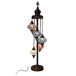 LaModaHome Turkish Lamp Colorful Mosaic Glass Decorative Floor Lamp for Living Room, Bedroom or Office Moroccon Lamp with US Plug & Socket - Large 7" Globe