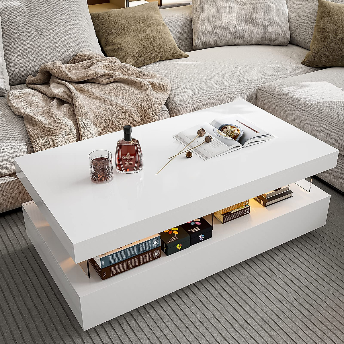 IKIFLY Modern High Glossy Coffee Table, White Coffee Table with 2 Storage Drawers and Acrylic Design Open Space, Rectangle Coffee Table with 16 Colors LED Lights for Living Room