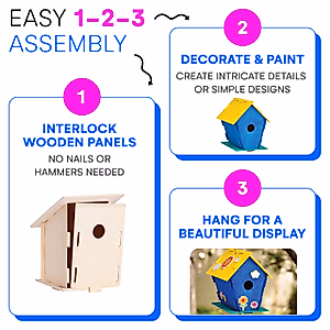 Neliblu DIY 12 Wooden Bird Houses - Creative Arts and Crafts Set for Kids and Adults - Unfinished Wood Birdhouse Kits with Paint Strips, Brushes, Stickers, and Strings - 3 Different Shapes, 2 Sizes