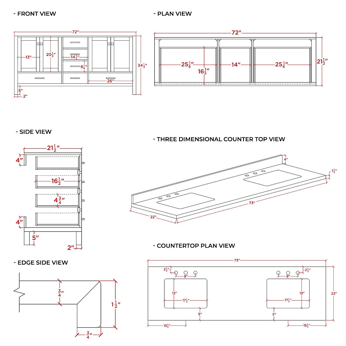 ARIEL Double Bathroom Vanity 73" Grey with 1.5" Edge Pure White Quartz Countertop & Splash, Rectangular Sinks, 4 Soft Closing Doors, 6 Full Extension Dovetail Drawers, Brushed Nickel