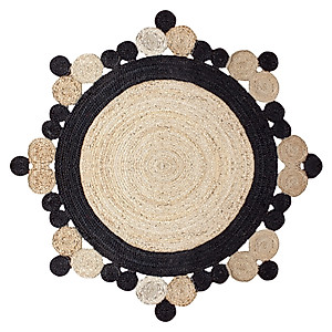 CASAVANI Collection Circle Area Rug - 10 Ft' Round Black Natural Jute Mat Geometric Kilim Rug Indoor Outdoor Use Mat Flatweave Rugs for Bedroom Bedside Round Dining Table Mat Hall & Kitchen