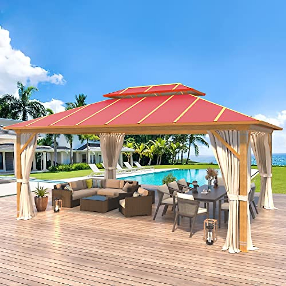 Erinnyees 12' x 16' Wood Grain Hardtop Gazebo, Outdoor Aluminum Composite Double Roof with Privacy Curtain and Mosquito Net for Patio, Lawn, Garden, Deck(Wood Looking, Wine Red)