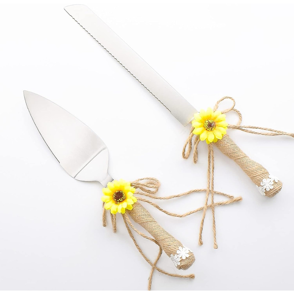 ATAILOVE Rustic Style Cake Cutting Set for Wedding, Burlap Sunflower Stainless Steel Wedding Cake Knife and Serving Set for Wedding, Birthdays, Babay Shower, Parties