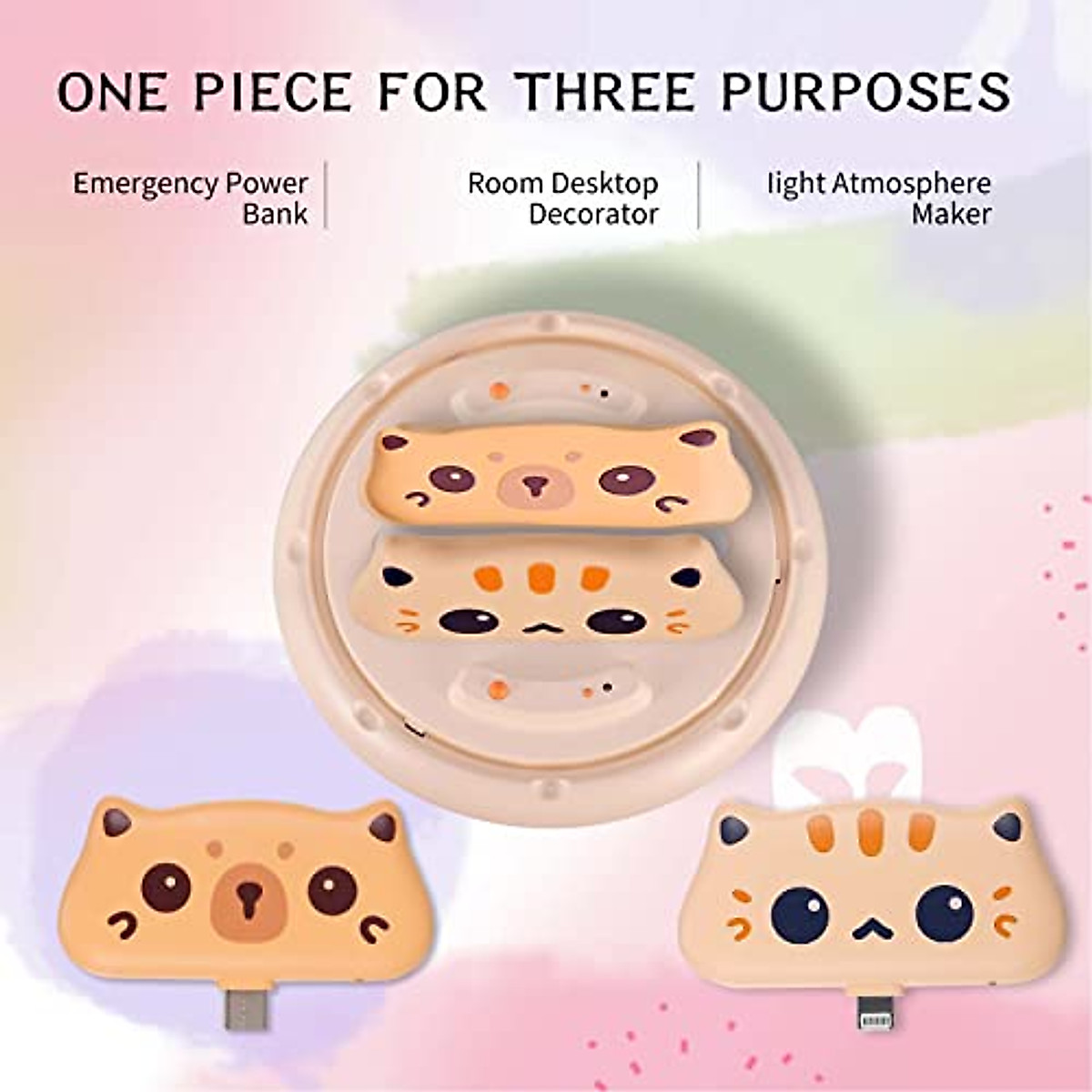 HRNAKDFKL Portable Charger - Cute Power Bank Emergency Charging 2 Pack 800mAh USB C iOS Power Bank with LED Night Light External Battery Pack Charger Compatible with iPhone & Type C (USB C & iOS)