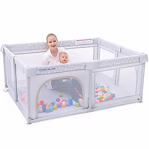 ANGELBLISS Baby Playpen, Large Baby Playard, Play Pens for Babies and Toddlers with Gate, Indoor & Outdoor Play Area for Infants, Kids Safety Play Yard with Star Print (Grey, 63"×47")