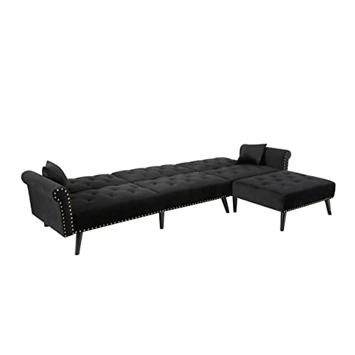 KoiHome Sectional Sofa Right Hand Facing Velvet Button Tufted, L Shape Chaise with Nail Head Detail, Conical Wood Leg, 2 Pillows, Modern & Elegant, Home Furniture for Living Room,Office, Black