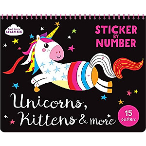 Sticker by Number Unicorns, Kittens, & More For Kids: 15 Pictures Include Kitten, Unicorn, Narwhal, Penguin, Owl, Flamingo and more!