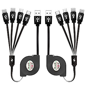 Multi Charging Cable 2 Pack 3FT, 4 in 1 Retractable Multiple Charger Cord Multi USB Cable Adapter with Dual Lightning/Type C/Micro USB Port for iPhone/Samsung Galaxy/Pixel/Phones/Tablets and More