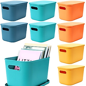 Hoolerry 8 Pieces Colorful Storage Bins with Lid and Handle, Plastic Stackable Baskets Desktop Cube Box Cubby Bins Containers for Shelf Cabinet Bedroom Office (Multi-colored,10.2 x 7 x 6.3 Inch)