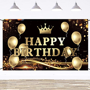 Ushinemi Happy Birthday Backdrop Banner with Gold Balloons Sign for Party Decorations, Large Birthday Party Decorations Photo Background, Black and Gold, 6 x 3.6 Feet