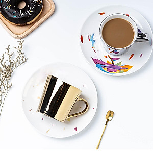 ACGrade Mirror Cup,Mirror Reflection Coffee Mug,Mirror Coffee Cup,Specular Reflection Flower, Ceramic Mug and Saucers Set,with Spoon 250ML, Silver Bird, 17*8CM