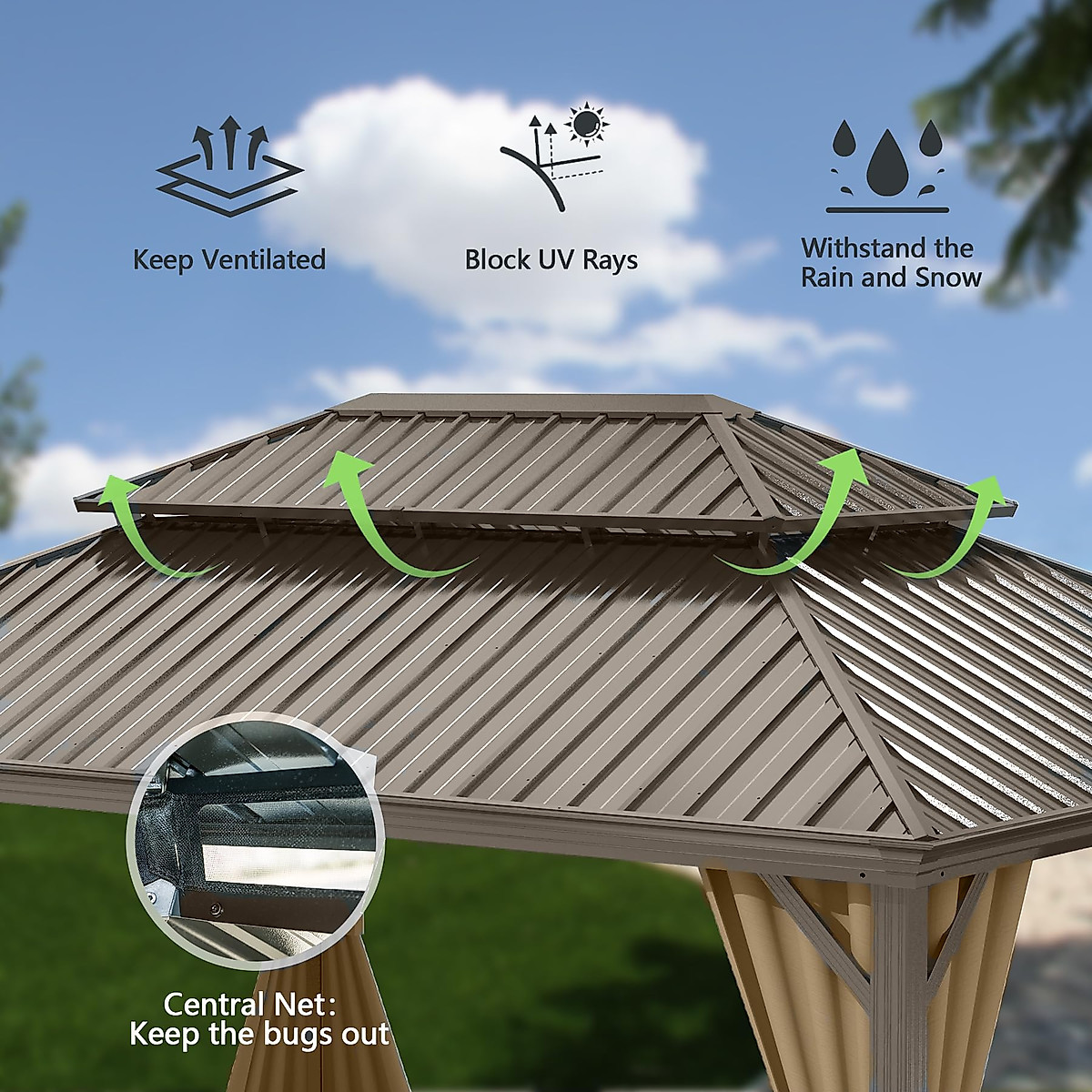 Domi Outdoor Living 12’ X 20’ Hardtop Gazebo, Outdoor Aluminum Frame Canopy with Galvanized Steel Double Roof, Outdoor Permanent Metal Pavilion with Curtains and Netting for Patio, Backyard and Lawn